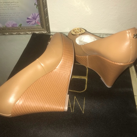 IMAN | Shoes | Iman Camel Stiletto Gold Logo Platform Wedge Heels ...